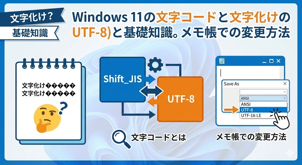 Windows 11の文字コード（Shift_JIS, UTF-8）と文字化けの基礎知識。メモ帳での変更方法