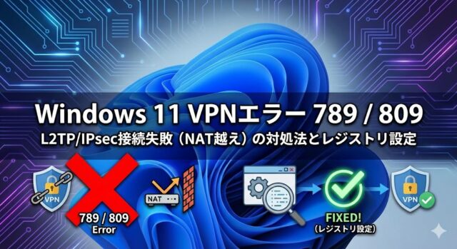Windows 11 VPNエラー 789 / 809 の原因と対処法。L2TP/IPsec接続失敗（NAT越え）のレジストリ設定